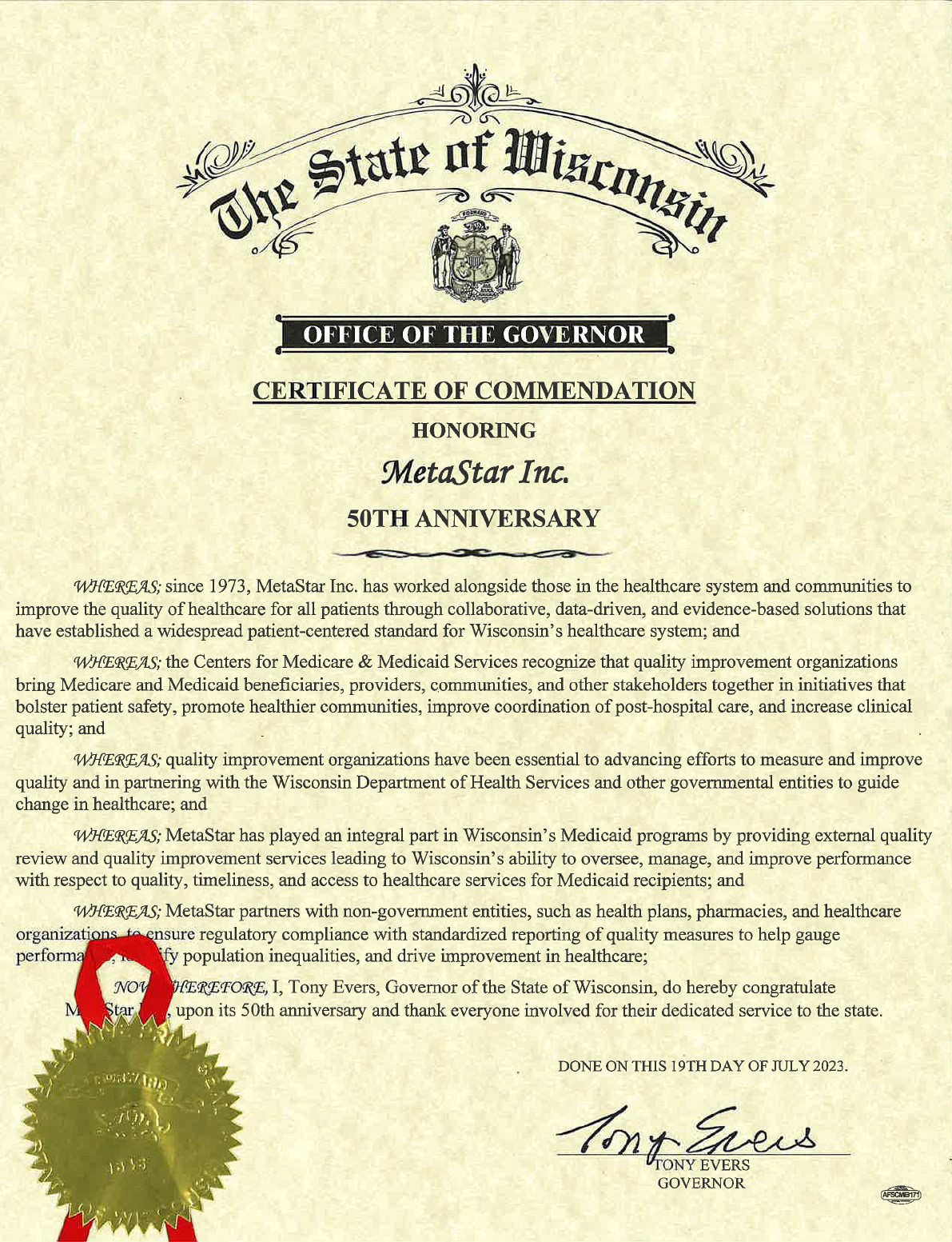 MetaStar Receives Governor's Commendation - MetaStar, Inc.